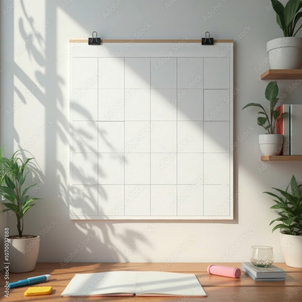 Office desk setup with weekly calendar planner, stationery, plants and ...