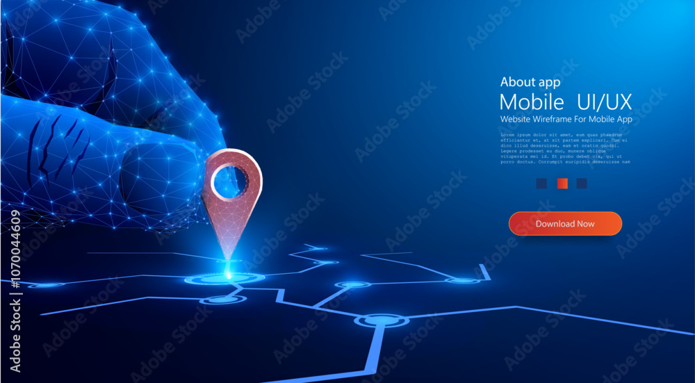 Vector illustration of a polygonal wireframe hand interacting with a ...