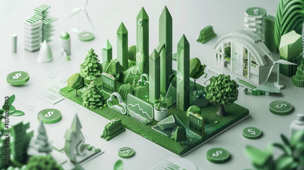3D model of sustainable finance with green icons, eco-friendly ...