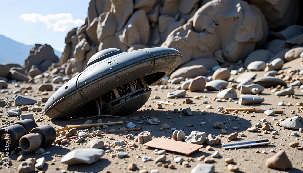 UFO crash landing in rocky terrain with scattered debris and dramatic ...