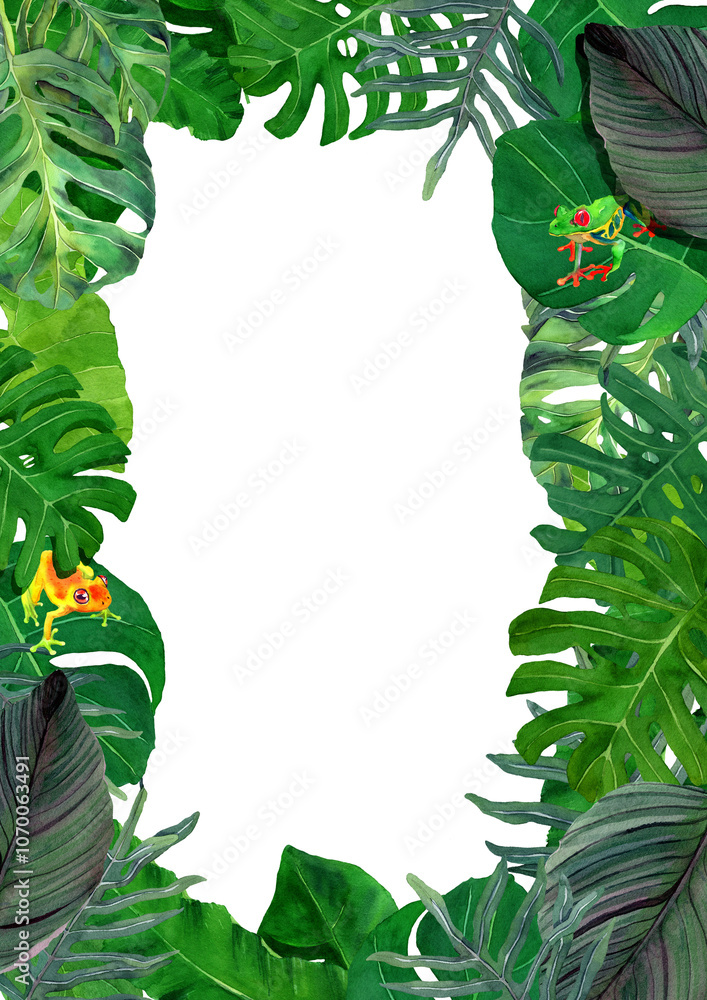 Watercolor A4 frame with tropical leaves. Green Brazilian jungle ...