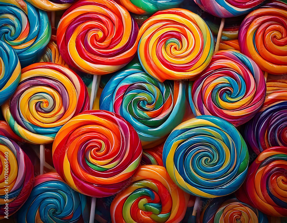 Many colorful swirl lollipops on sticks are creating a vibrant and ...