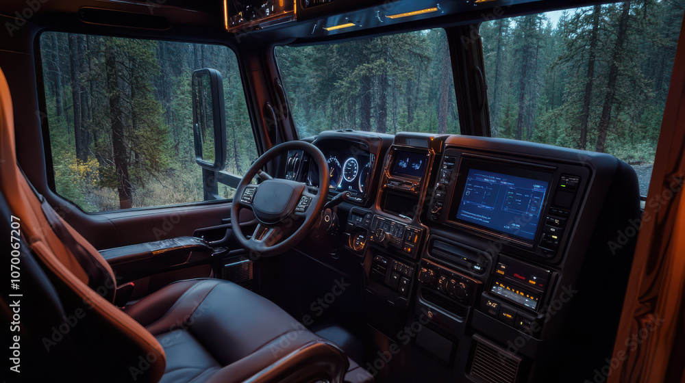 Interior of a modern semi-truck cabin with sleek dashboard design Stock ...