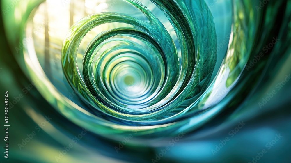 Graphic lines that move in a spiral pattern in shades of green and blue ...