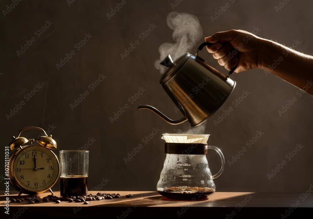 Barista preparing a filtered coffee with steam coming out of kettle and ...