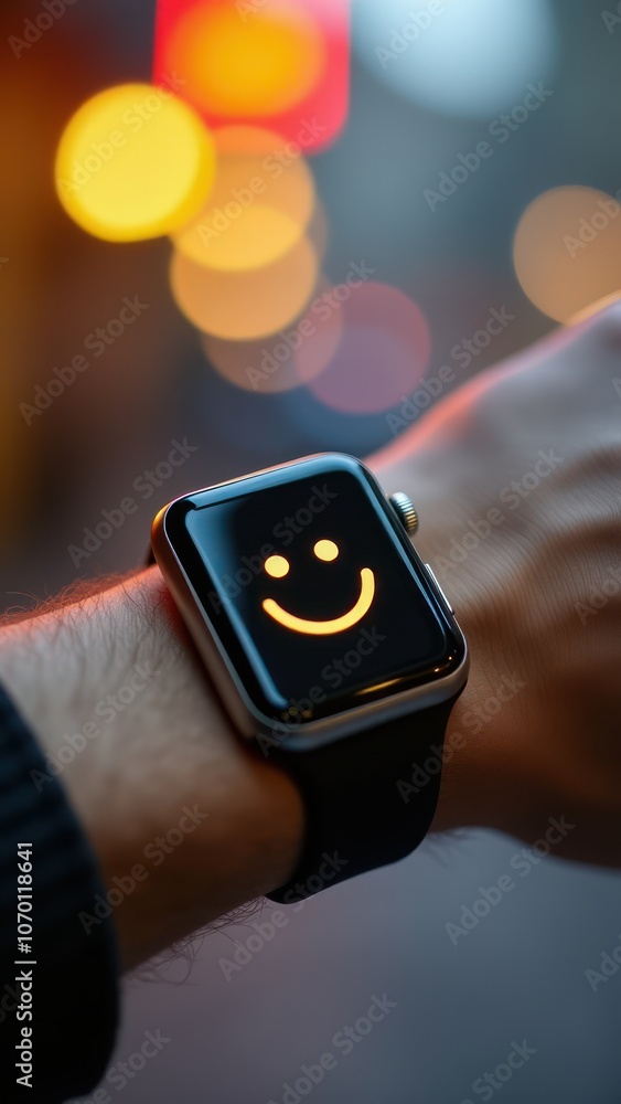 Smartwatch on hand showing smiley icon, symbolizing joy, emotional ...