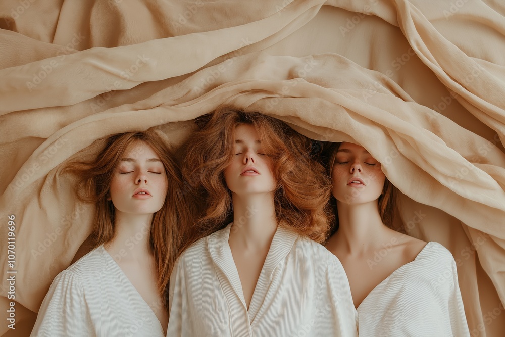 Three women are lying on a bed covered in a white sheet. They are all ...