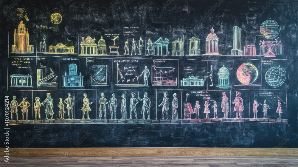 Chalk-drawn timeline of major historical events on a blackboard, with ...