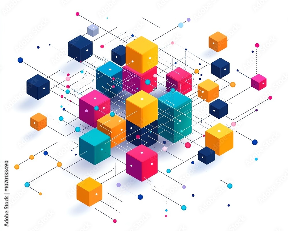 Isometric network design with colorful blocks and connecting dots ...
