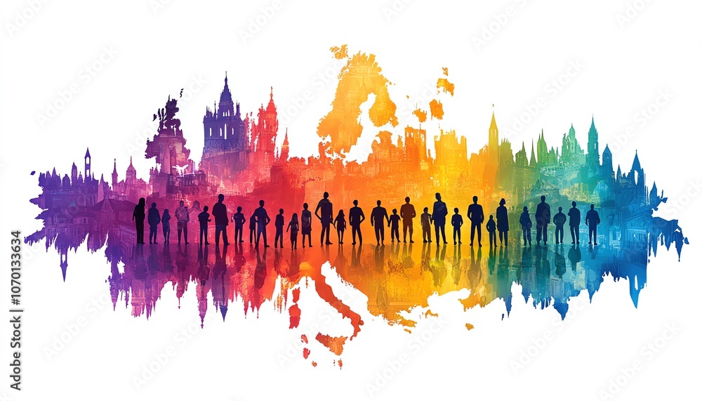 Map of Europe with realistic figures of people standing on various ...