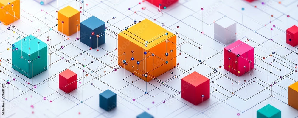 Minimalist isometric network with colorful blocks and connecting dots ...