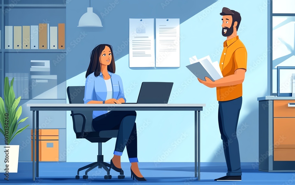 Two office employees during an interview, one sitting at a desk with a ...