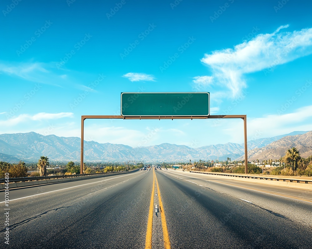 Blank highway sign, no graphics or text, suspended above a busy ...