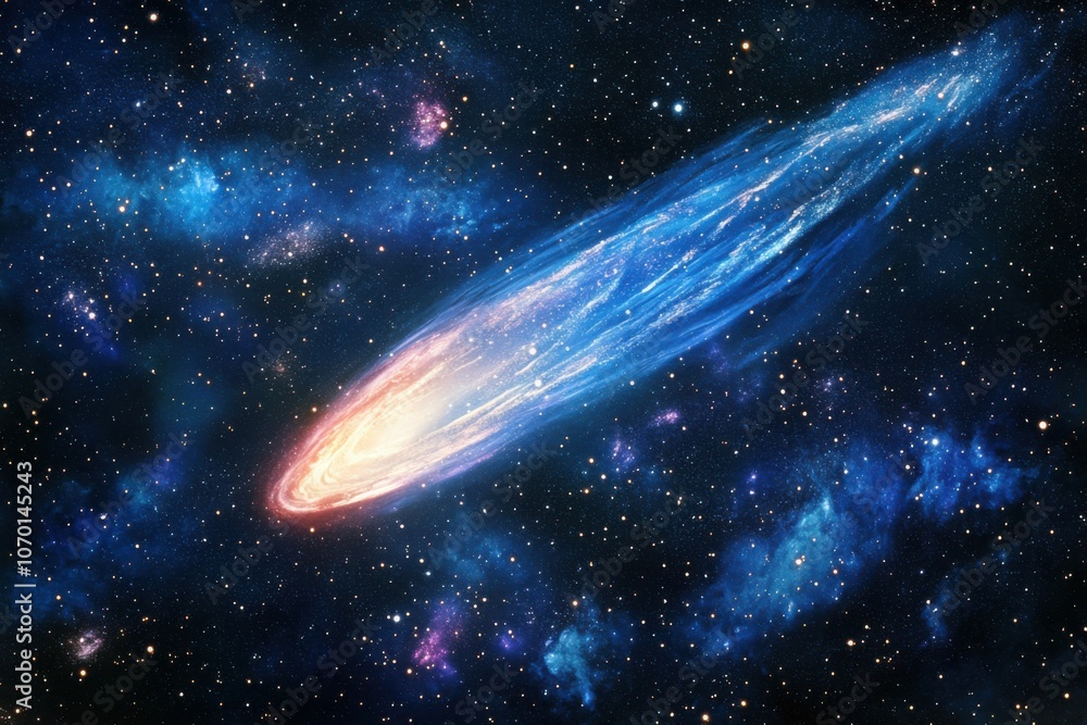 Bright comet streaking across a dark sky filled with shimmering stars and distant planets ...