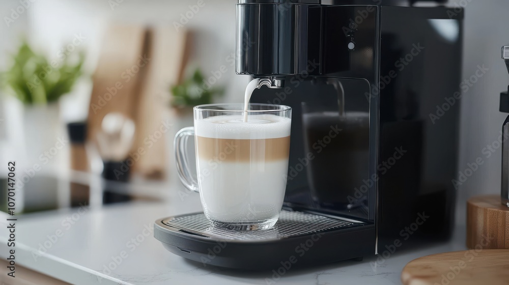 A modern coffee machine dispenses frothy milk into a glass mug ...