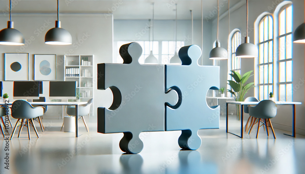 Large puzzle pieces connected in the middle of a bright, modern office ...