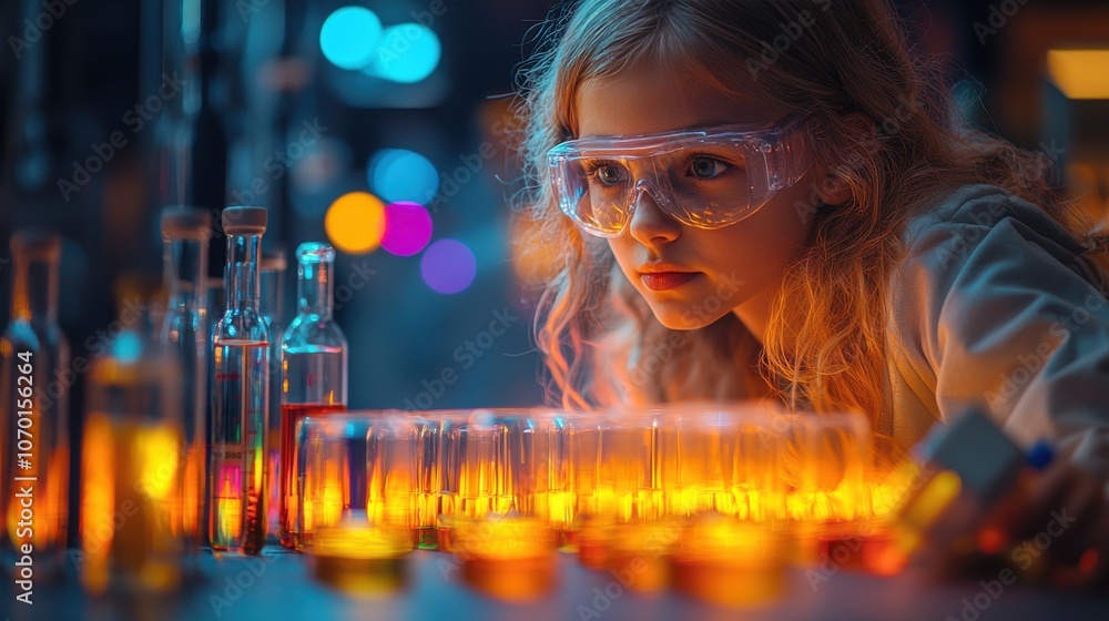 Young girl wearing safety goggles intently observes test tubes glowing ...