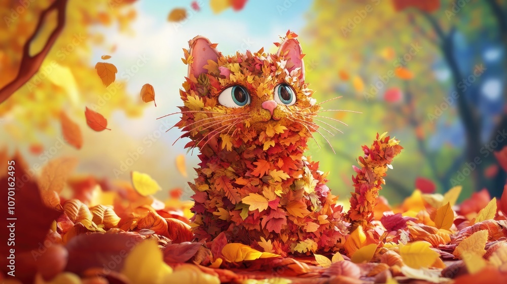 Autumn inspired craft featuring a playful cat made from colorful leaves ...