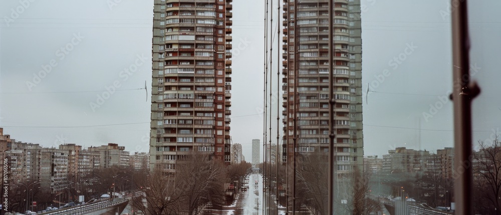 Symmetrical cityscape with twin residential towers mirroring each other ...
