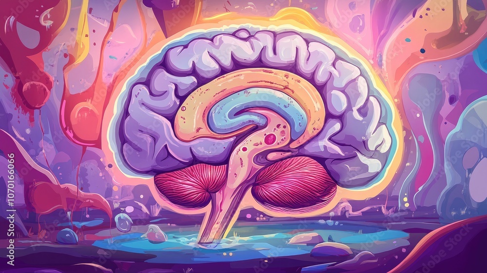 Colorful sagittal slice of a human brain MRI showcasing intricate ...