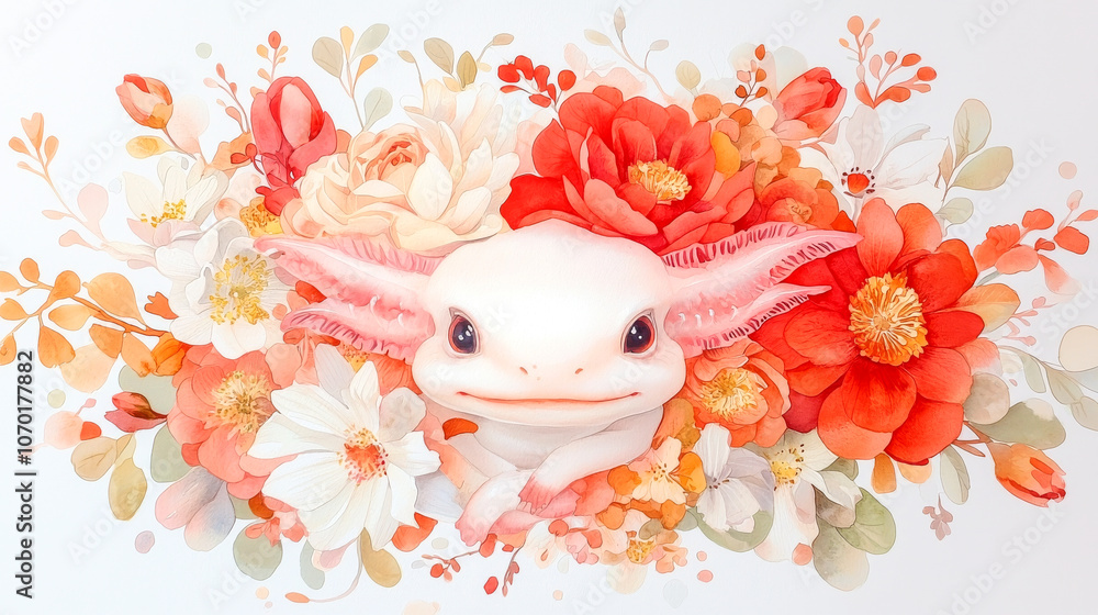 Adorable Axolotl in Blossom: A charming watercolor painting of an ...