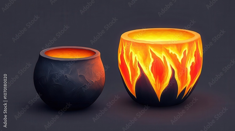 Elemental-themed clay pot with a molten interior, radiating heat waves ...