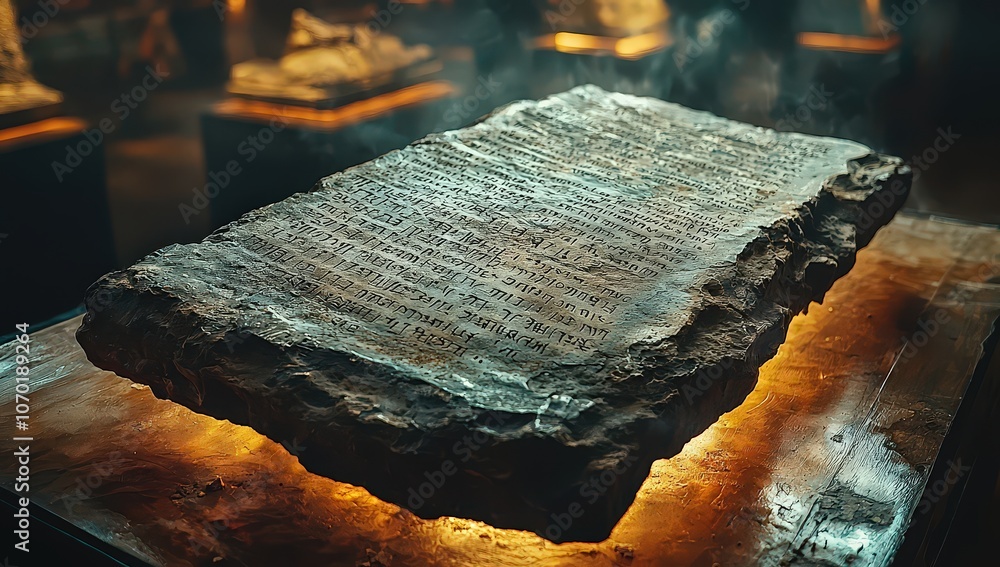 ancient stone tablet with Greek text, on display in a museum setting ...