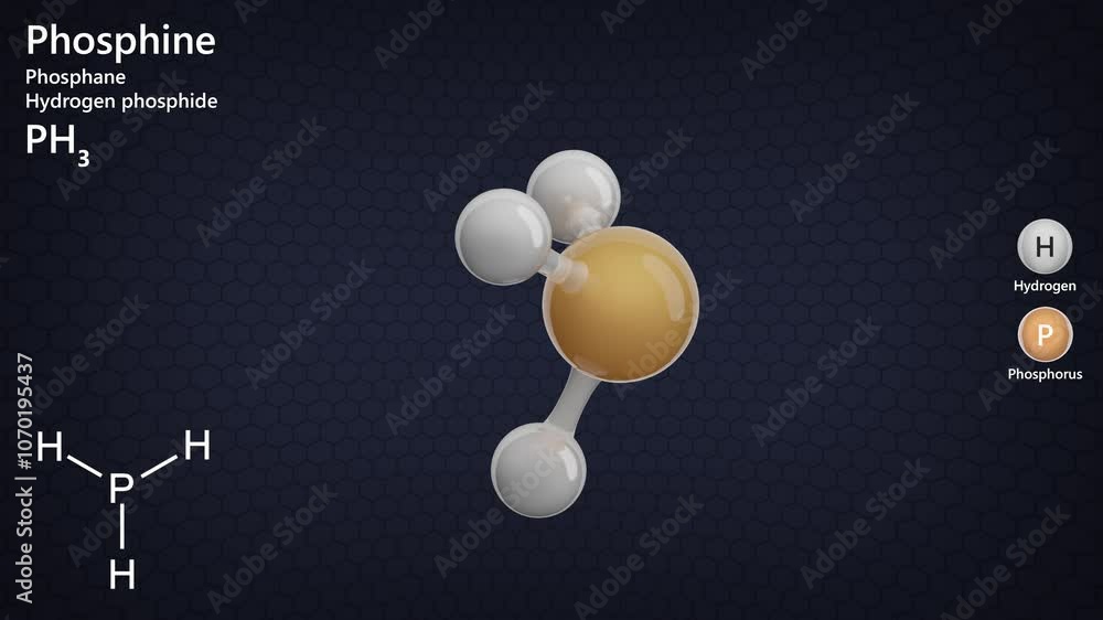 Phosphine. Animated 3D model of a molecule. Molecular formula: PH3 ...
