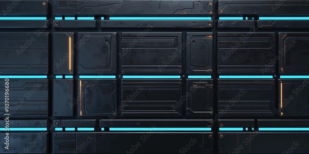 Sci Fi Metal Panel Texture with Blue Neon Lights for Game Design Stock ...