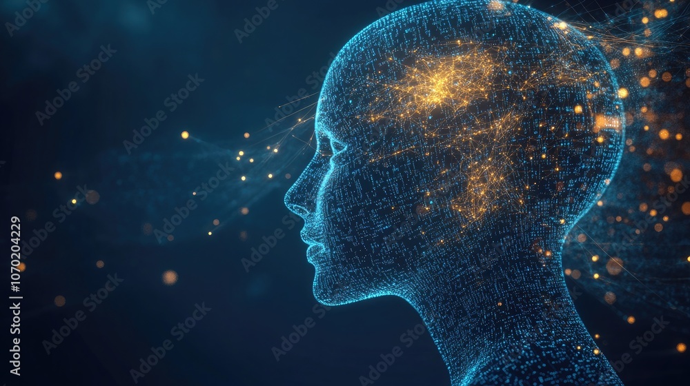 A futuristic human head silhouette composed of binary code and circuit ...