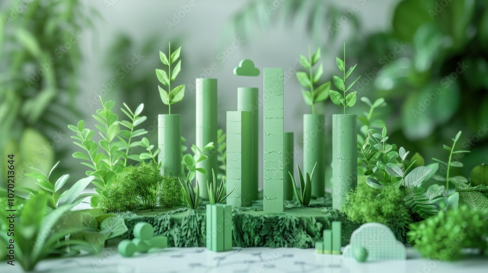 Eco-friendly finance model with floating bar graphs, green growth ...