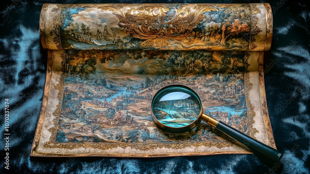 Unfolding Mystery: An Ornate Golden Scroll and a Magnifying Glass ...