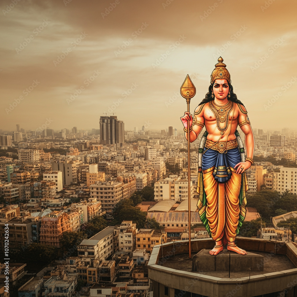 Iconic depiction of Lord Murugan towering over a modern cityscape ...