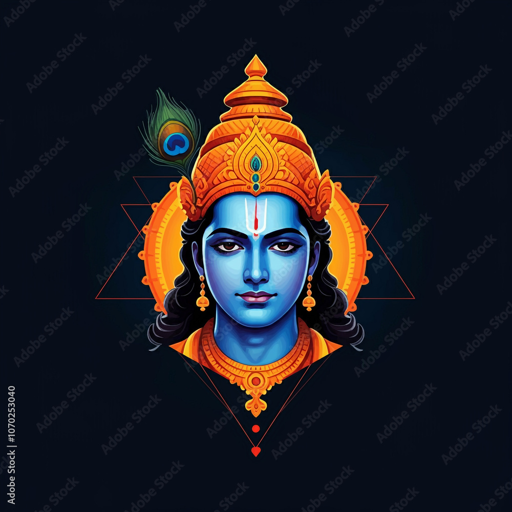 Vibrant portrait of Lord Krishna with a peacock feather, symbolizing ...