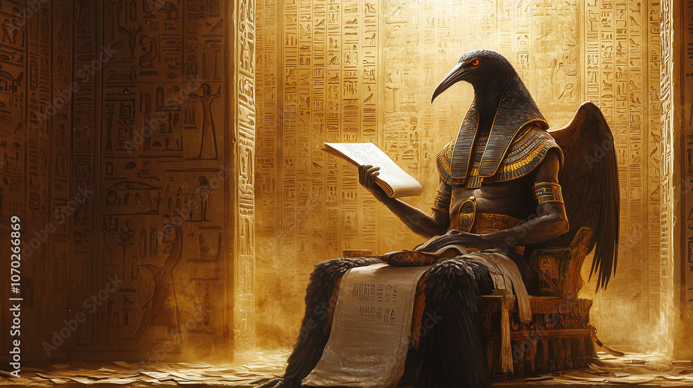 Ancient Egyptian god Thoth, with an ibis head, sits in a golden temple ...