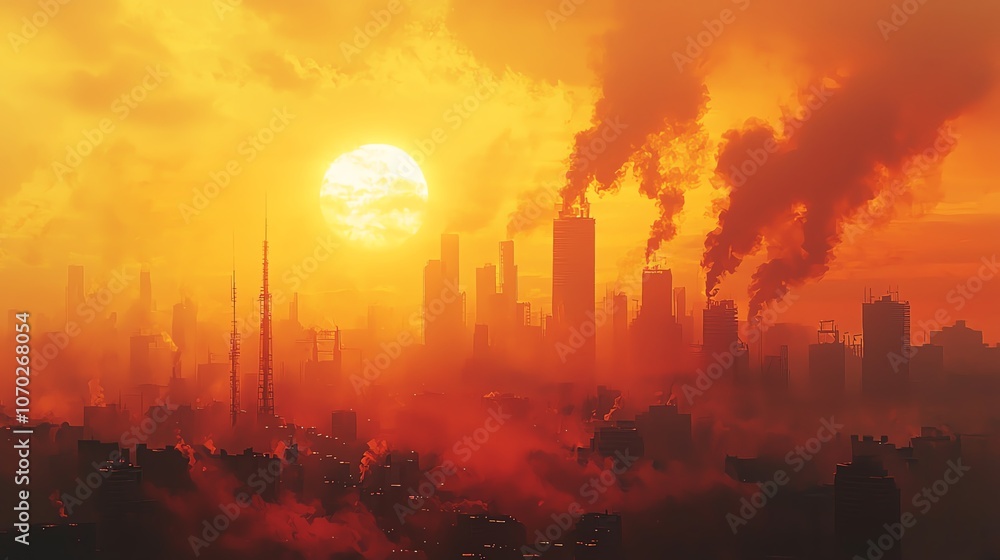 2 Greenhouse gases trapping heat over an urban skyline, smogfilled air ...