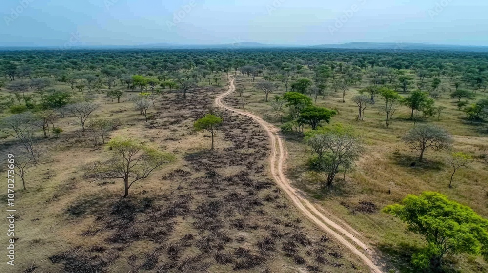 Aerial view of a forest after a locust swarm, with trees stripped of ...