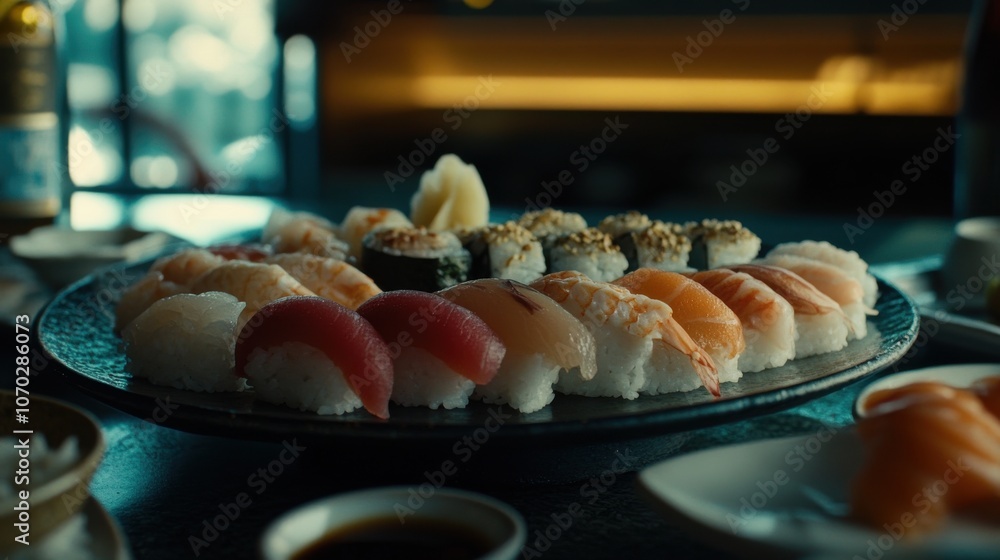 A plate of assorted sushi is on a table. The sushi is arranged in a ...