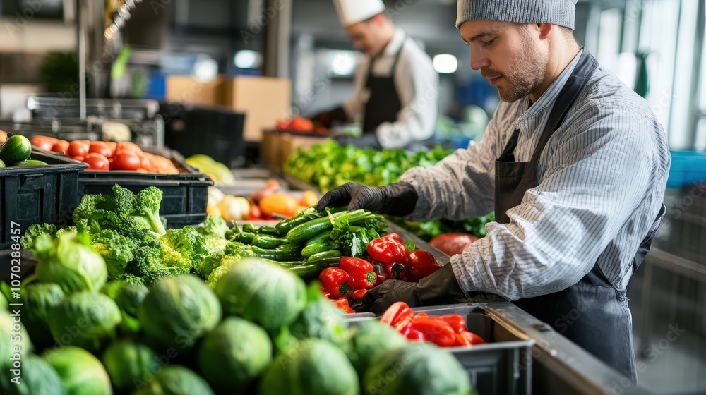 A food processing plant with workers sorting and packaging vegetables ...
