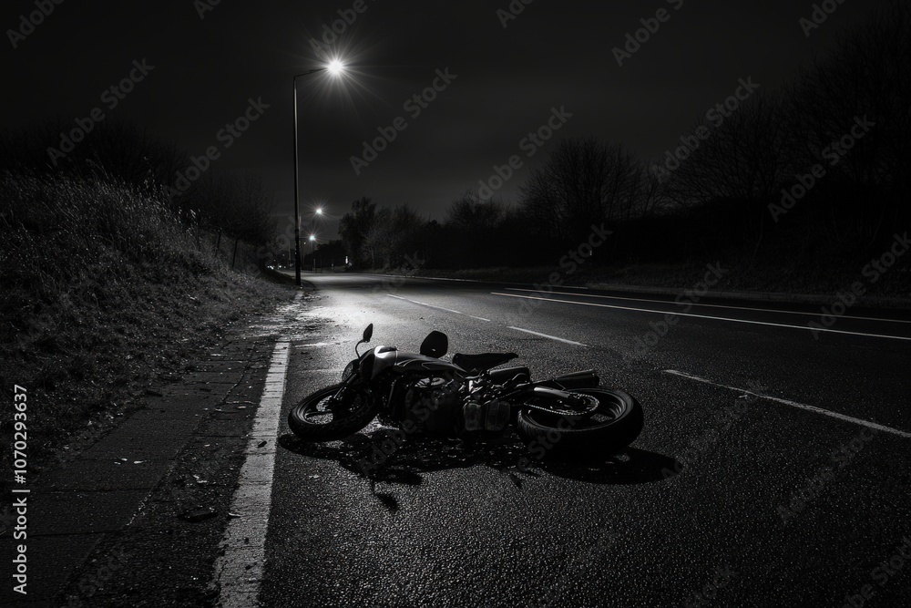 A motorcycle is lying on its side near a deserted road under dim ...