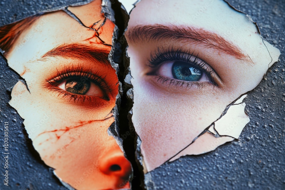 This artwork features a torn photograph that splits two faces apart ...