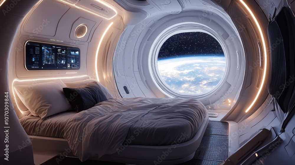Futuristic Sleeping Pod in a Spacecraft with Control Panels, Ambient ...