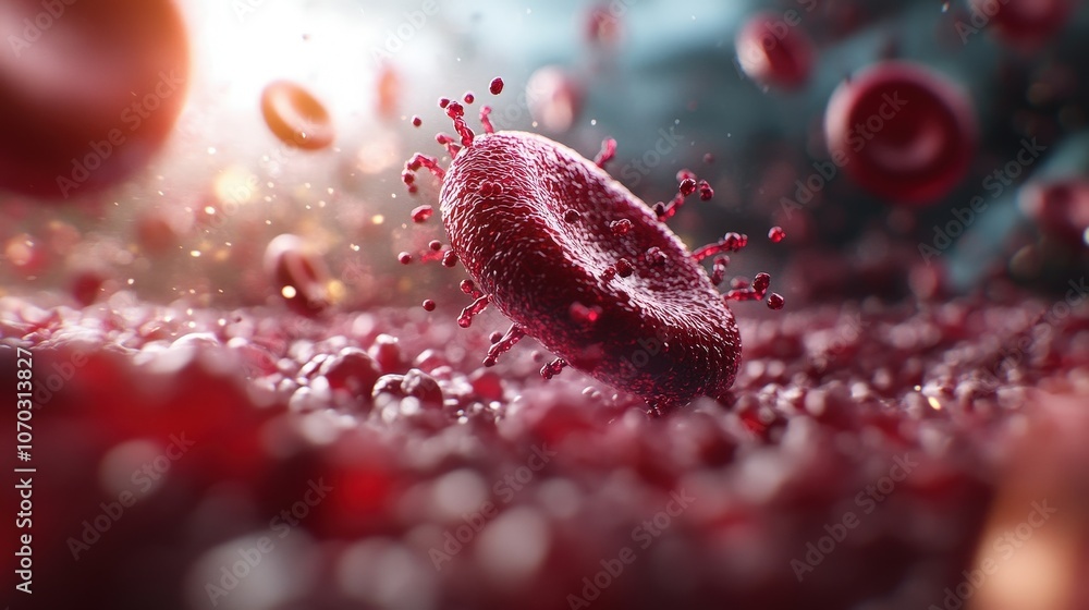 A highly detailed, vibrant depiction of a red blood cell surrounded by ...