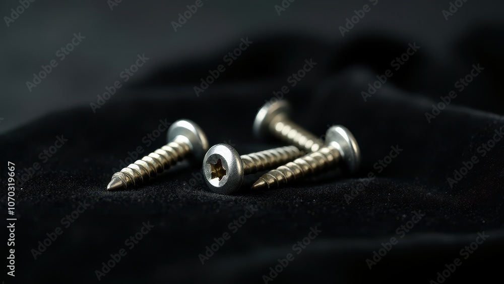 Screws and bolts for furniture repair. Three metallic screws lie ...
