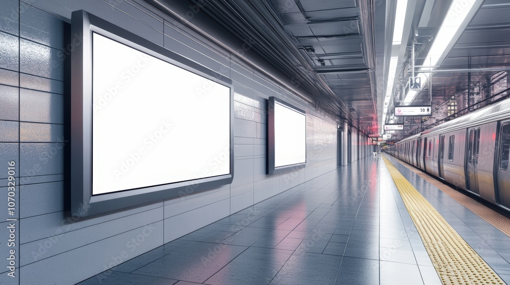Modern subway station with blank advertising panels and train arriving ...