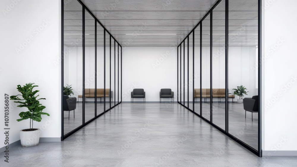 Business center corridor with steelframed glass partitions, concrete ...