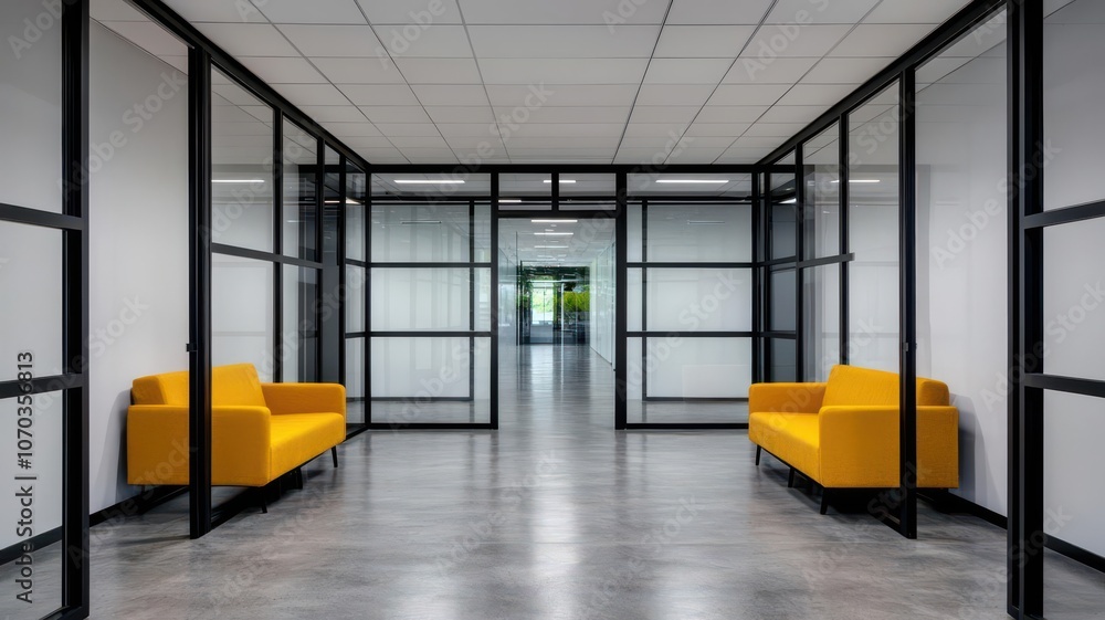 Business center corridor with steelframed glass partitions, concrete ...