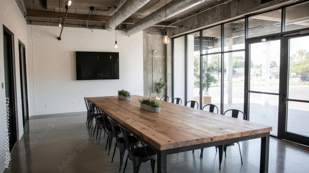 Conference room with a long wooden table, black steel chairs, and an ...