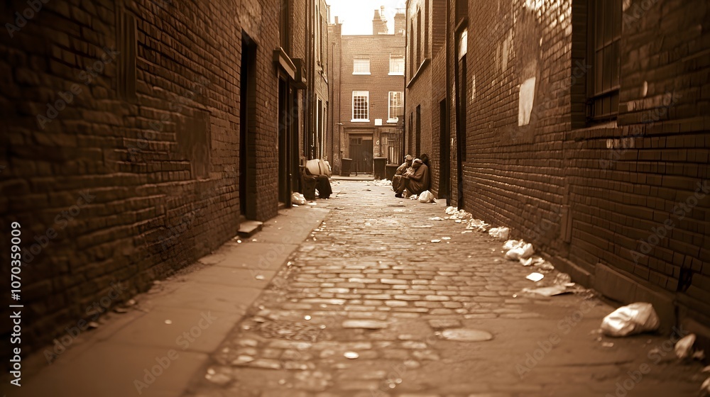 Dark, narrow Victorian alley in the East End of London, with ...