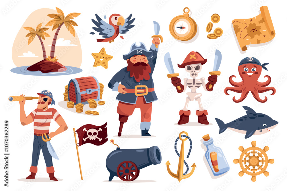 Pirate Adventure Illustration with Characters and Objects Stock Vector ...